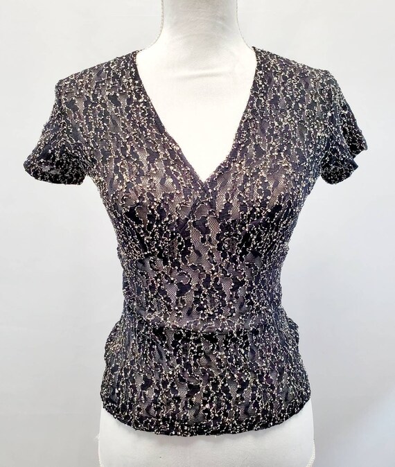 90s Sheer Black Lace Top: Vintage V Neck Baby Doll Sh… - Gem