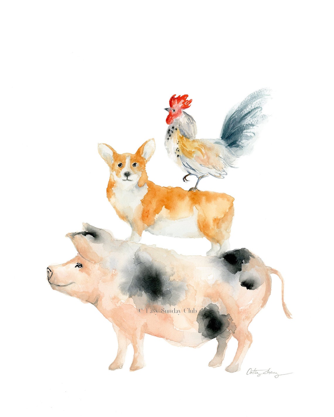 Animal Stack Art Print With Rooster Dog and Pig. Fun Farm - Etsy