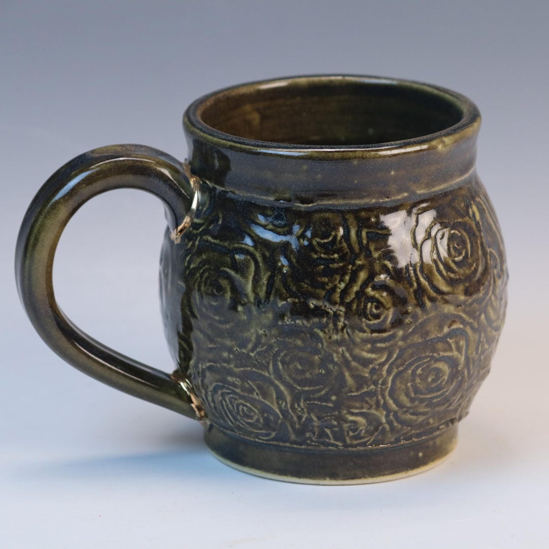 Handmade Moss Green Ceramic Mug: Kintsugi Gold Repair, Textured Pottery ...
