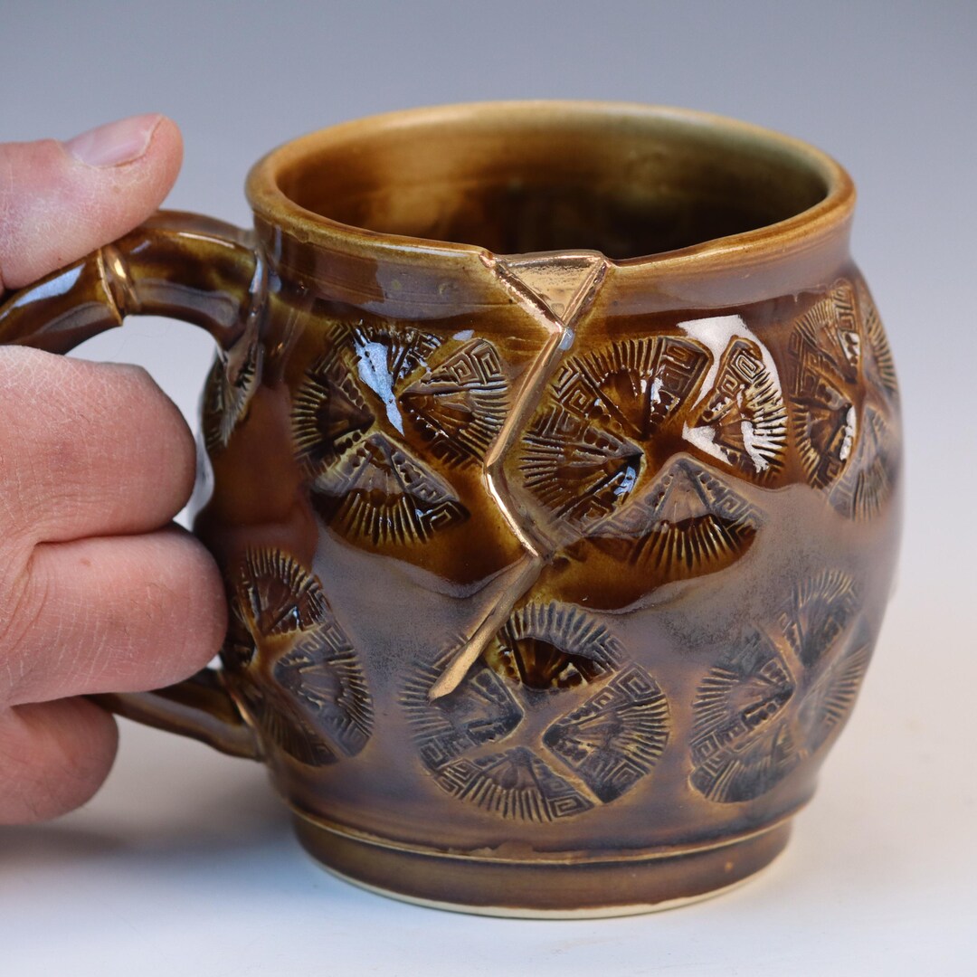 Handmade Kintsugi Inspired Ceramic Mug: Brown Glaze With Real Gold - Etsy