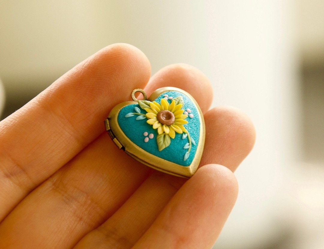 Personalized Photo Locket: Sunflower Heart, Polymer Clay Turquoise ...