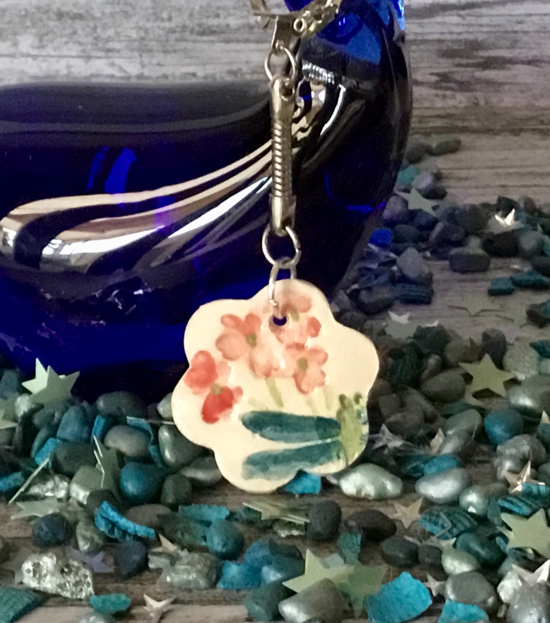 Ceramic Flower Shaped Key Ring with Dragonfly and Flowers. New Home ...