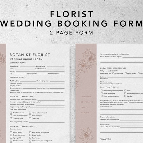 Florist Wedding Booking Form Florist Order Forms Wedding - Etsy