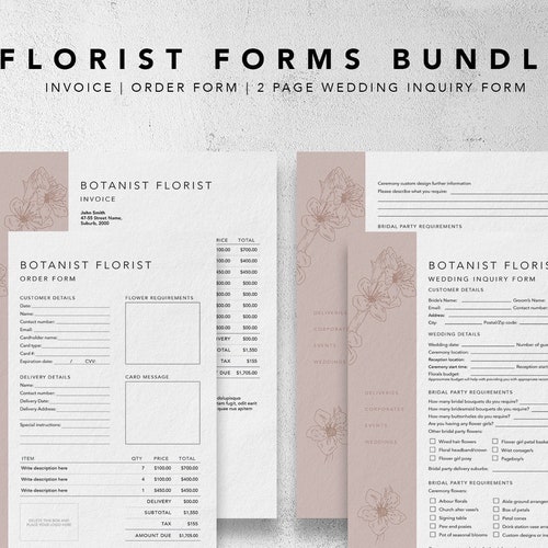 Florist Wedding Booking Form Florist Order Forms Wedding - Etsy