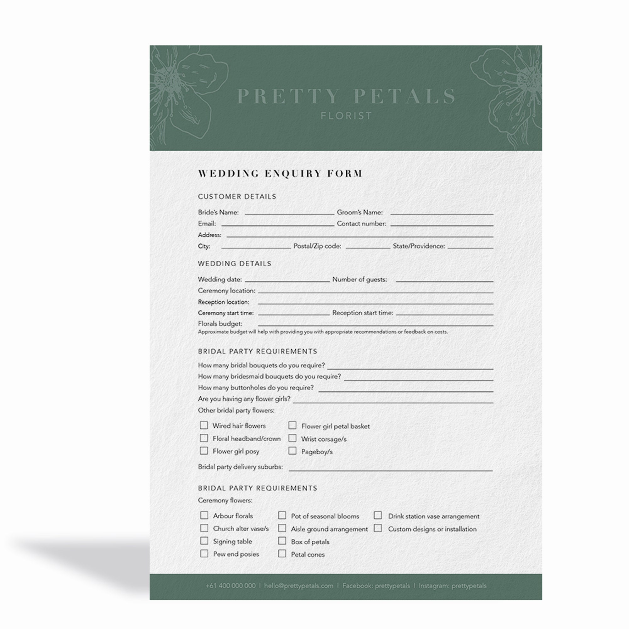 Florist Wedding Booking Form | Florist Order Forms | Wedding Order ...