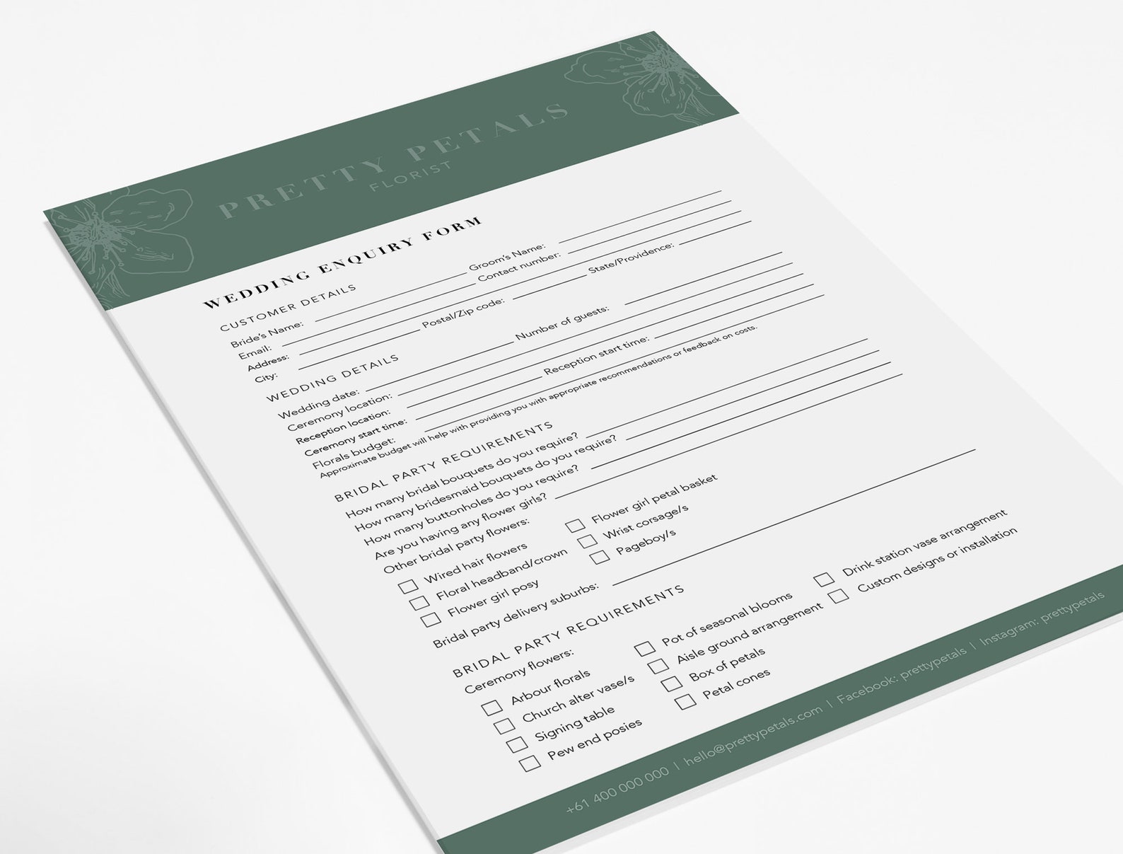 Florist Wedding Booking Form | Florist Order Forms | Wedding Order ...