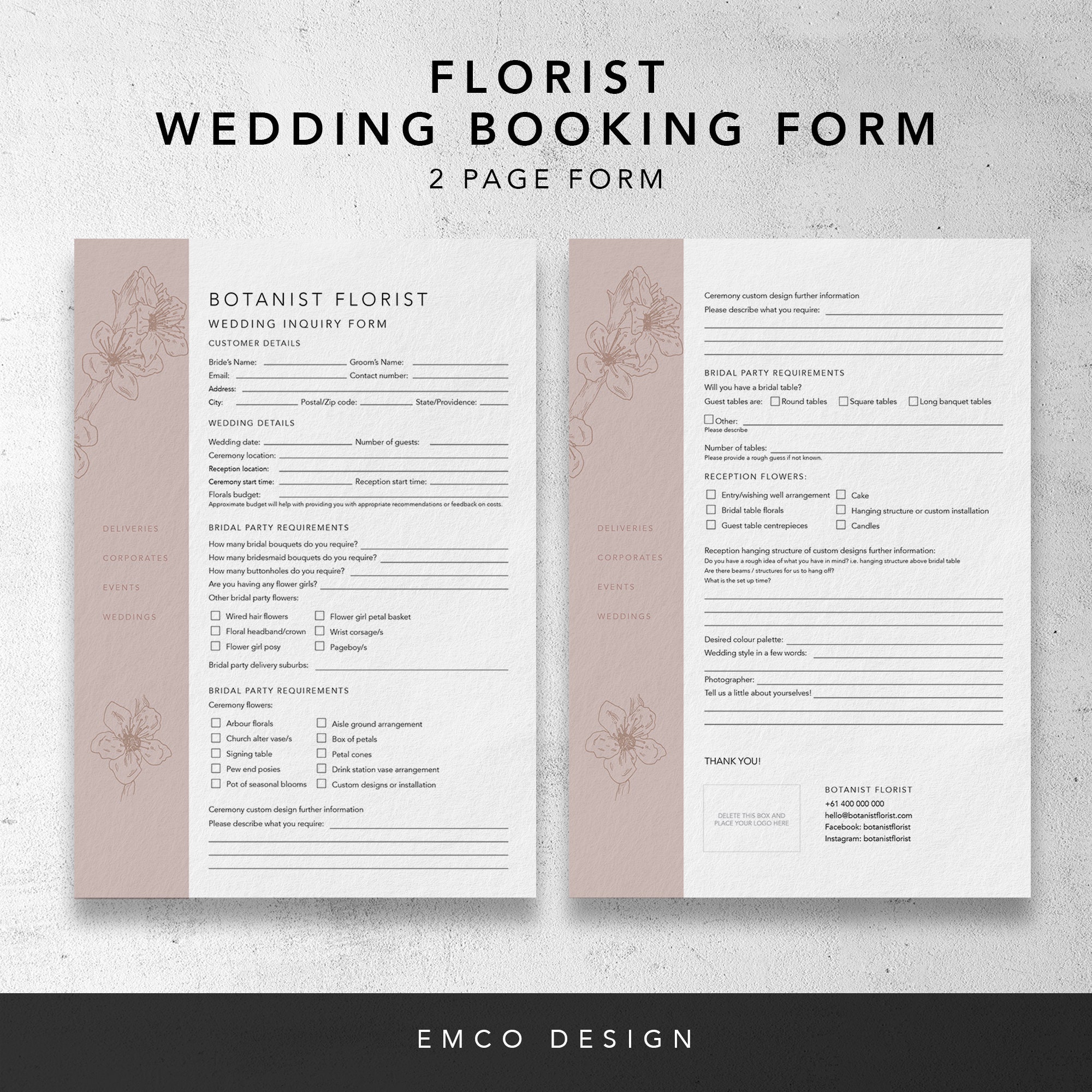 Florist Wedding Booking Form Florist Order Forms Wedding Etsy