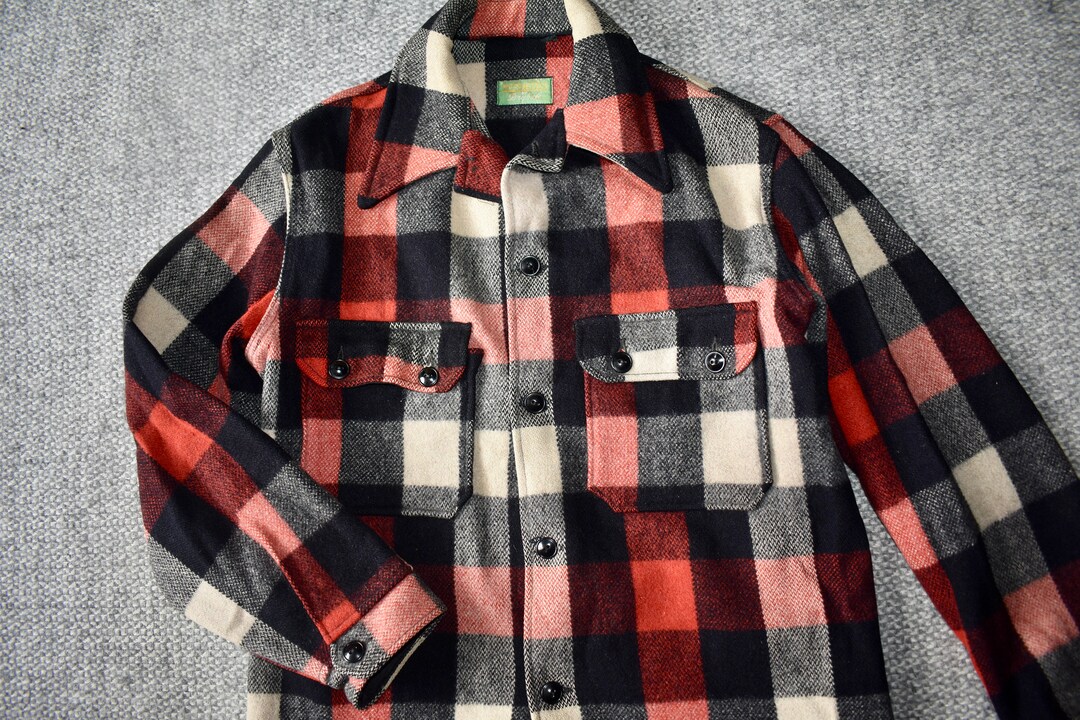Vtg 50s Woodfield by Drybak Red Black & White Check Plaid Wool Outdoor ...