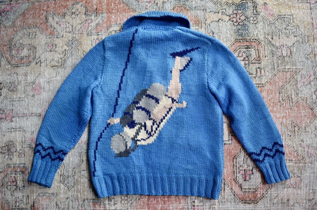 Vtg 50s 60s Scuba Diver Blue Hand Knit Chunky Wool Cowichan Cardigan ...