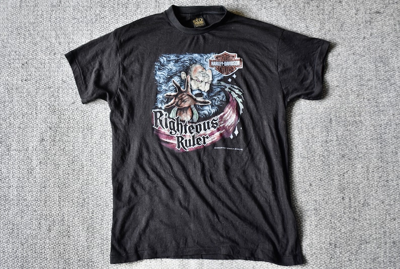Vtg 1992 Harley Davidson 3D Emblem Righteous Ruler Wizard Graphic Paper Thin Single Stitch T ...