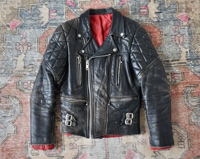 Vtg 70s English Black Distressed Leather Padded Motorcycle Jacket Biker ...