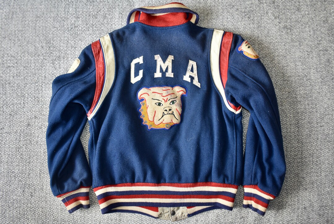 Vtg 60s Hatchers Blue Wool & Leather Trim CMA Bulldog Patch Varsity Letterman Jacket College 40 ...