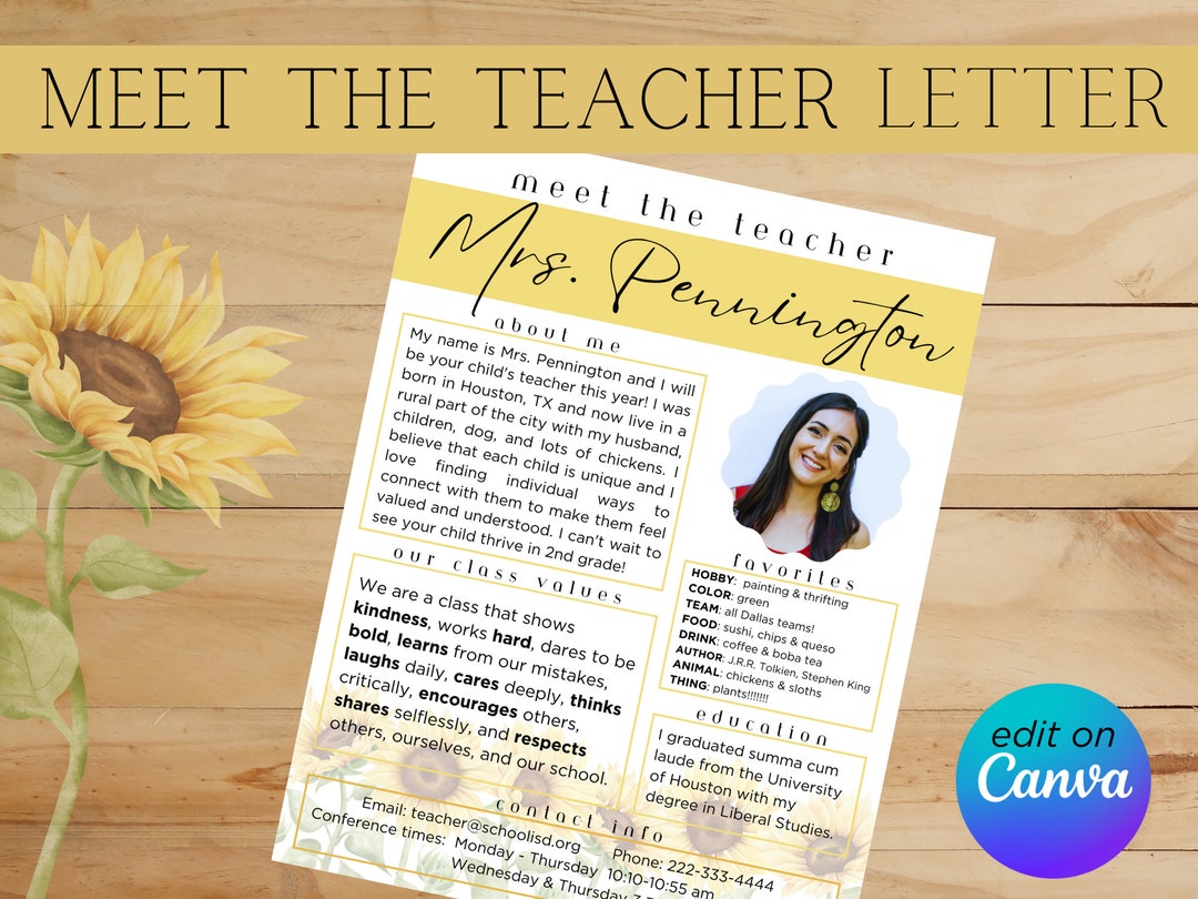 SUNFLOWER Meet the Teacher Letter Template | Editable Meet the Teacher ...