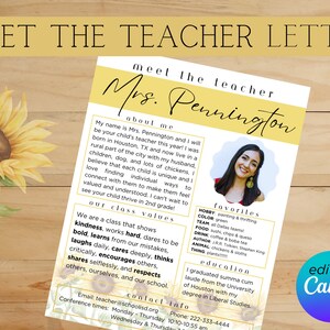SUNFLOWER Meet the Teacher Letter Template | Editable Meet the Teacher ...