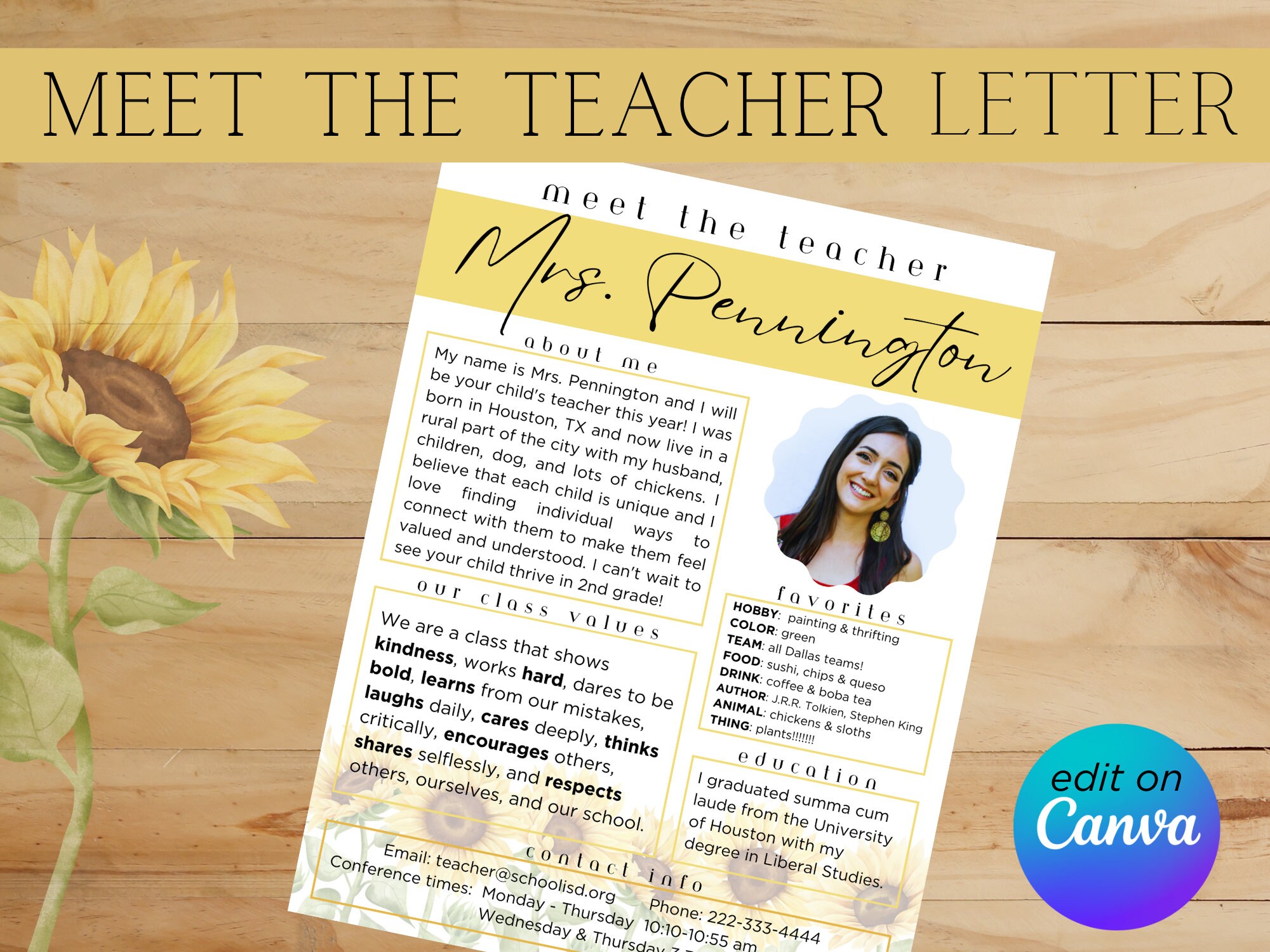 SUNFLOWER Meet the Teacher Letter Template | Editable Meet the Teacher ...