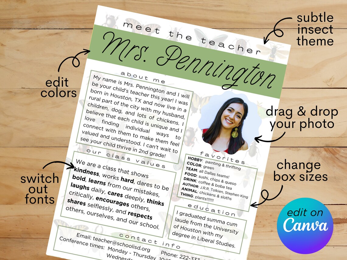 INSECT Meet the Teacher Letter Canva Template | Editable Meet the ...