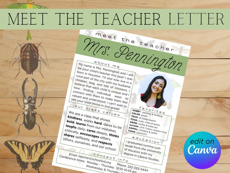 INSECT Meet the Teacher Letter Canva Template | Editable Meet the ...