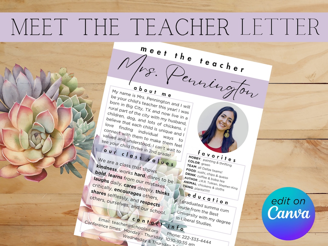 Pastel Succulent Meet the Teacher Letter Template | Editable Cactus ...