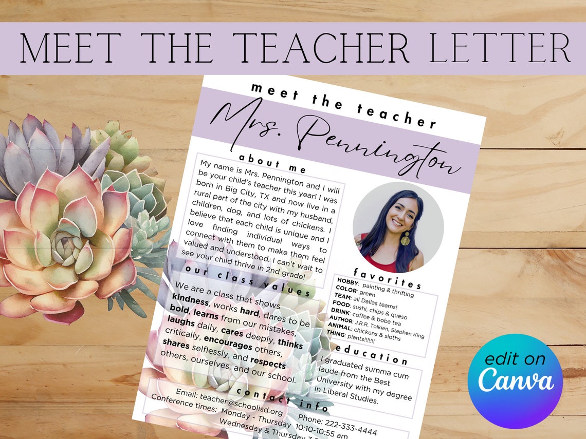Pastel Succulent Meet the Teacher Letter Template Editable Cactus Meet ...
