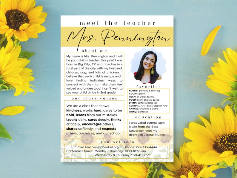 Meet the Teacher Flyer - Sunflower Theme Classroom - Editable Canva ...
