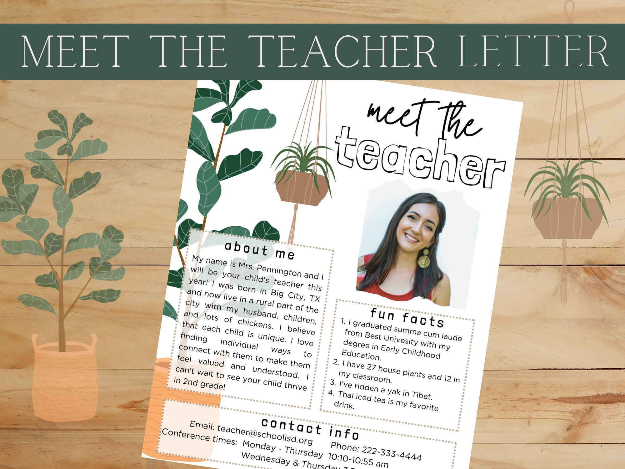 Boho Houseplant Meet the Teacher Letter Template - Potted Plant ...