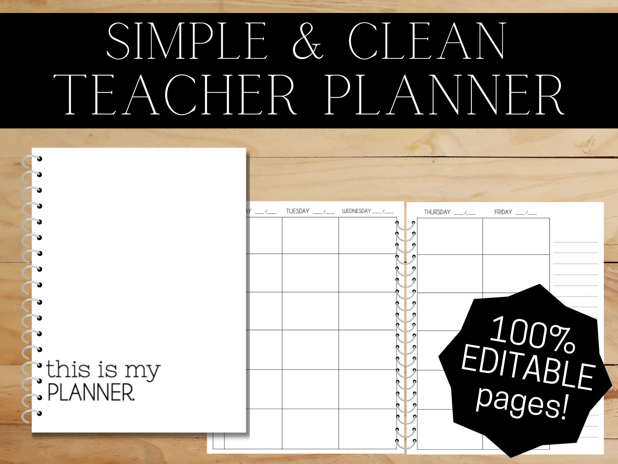 Simple Teacher Planner FULLY EDITABLE - Printable Black and White ...