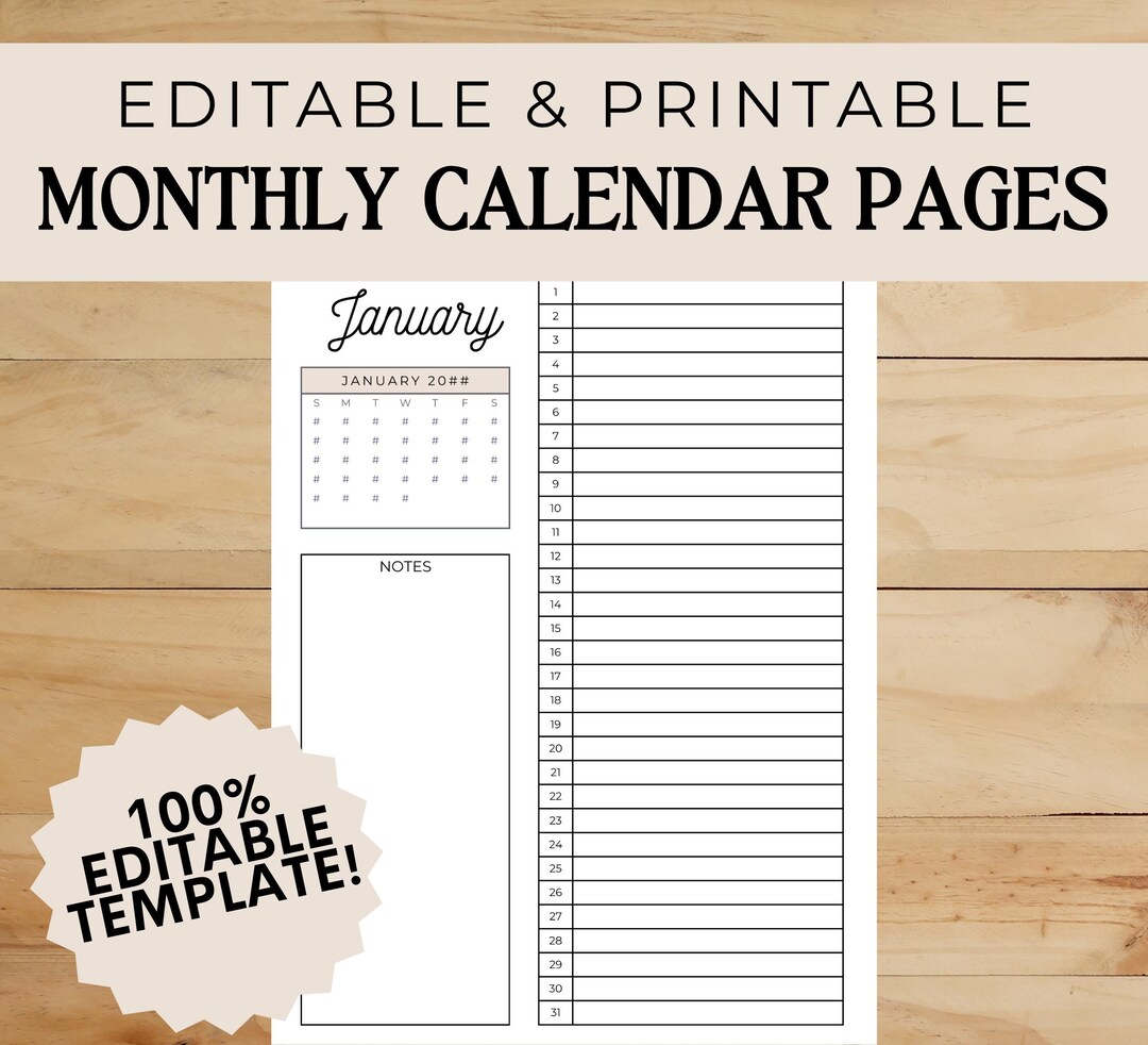 Printable Monthly Calendar Pages - Editable Calendar Pages for Goal ...