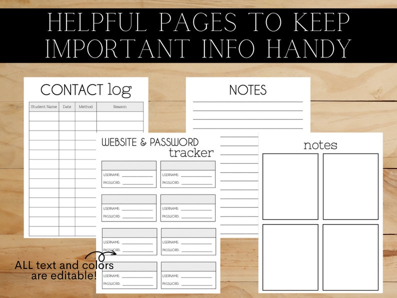 Simple Teacher Planner FULLY EDITABLE Printable Black and White Modern ...