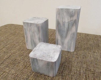 Wood Block Risers, Set of 3 Rustic Solid Block Pedestal Risers, Farmhouse Wood Plant Stand ...