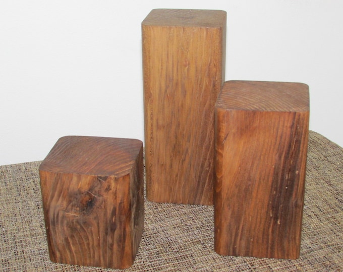 Wood Block Risers, Set of 3 Rustic Solid Block Pedestal Risers, Farmhouse Wood Plant Stand ...
