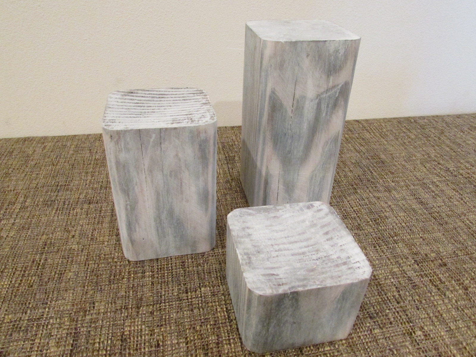 Wood Plant Risers, Set of 3 Distressed White Rustic Solid Block ...