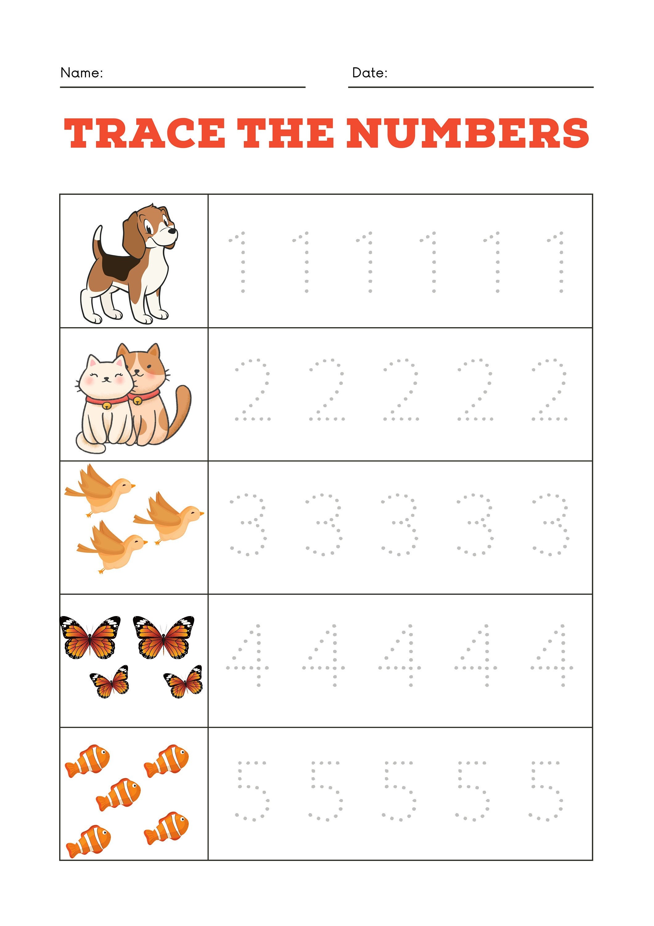 Fun Animal Trace the Numbers Worksheet - Etsy