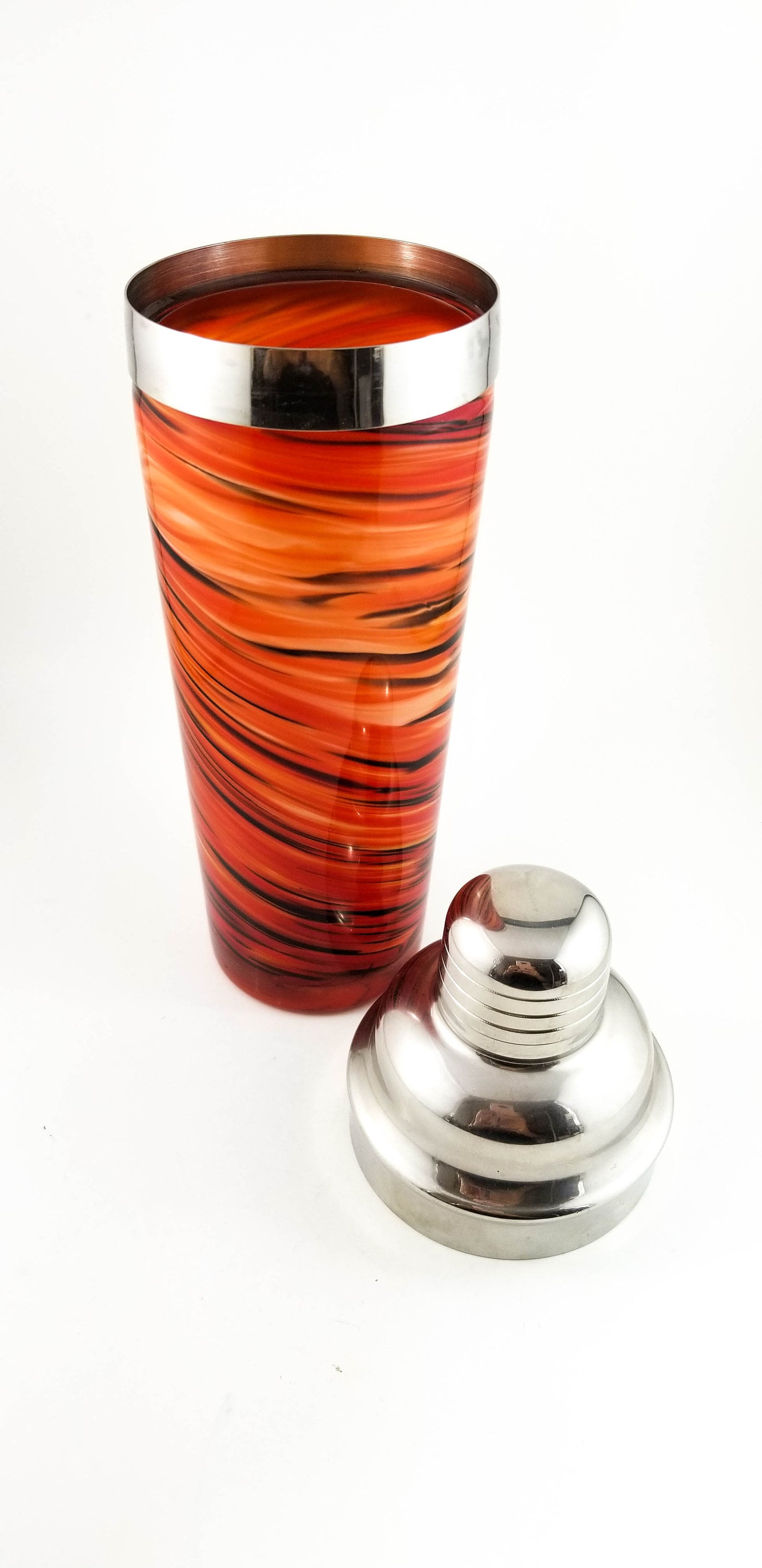 Stunning Molded Glass Cocktail Shaker Barware 1930s Mid Century Modern With Orange And Black