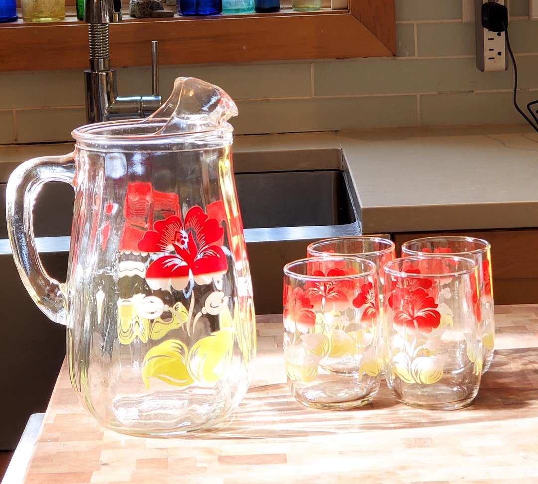 Adorable Little Floral Glass Juice Pitcher With Red and Yellow Flowers ...