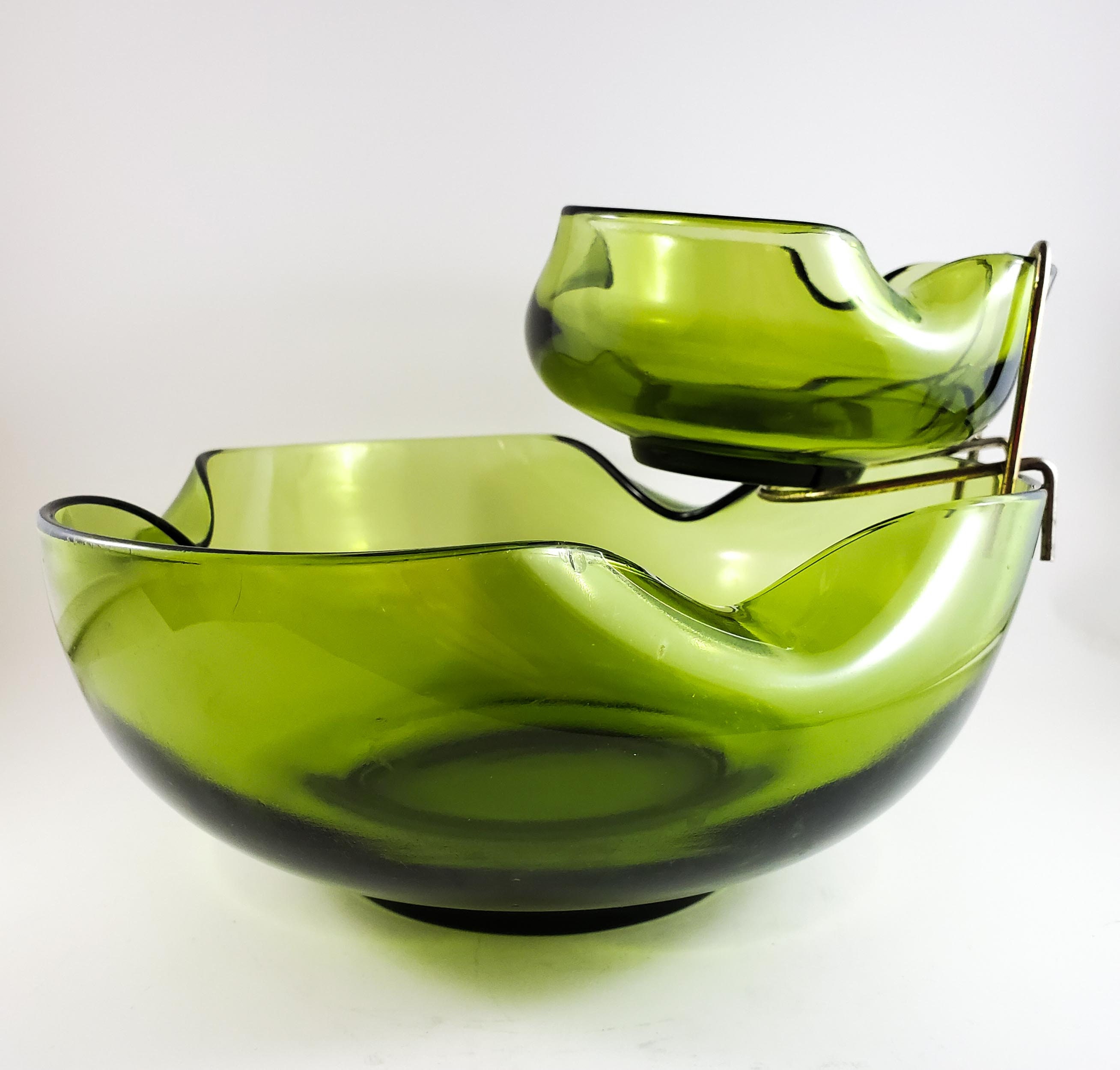 Anchor Hocking Mid Century Green Glass Chip And Dip Set Modern 3 Piece