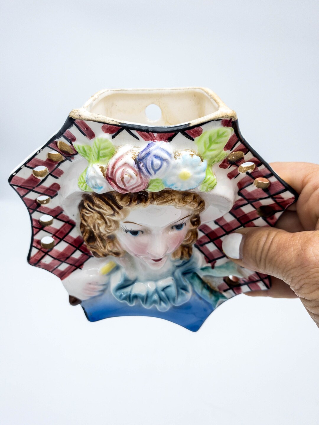 Hand Painted Mid Century Lady Head Wall Pocket With Gingham Background ...
