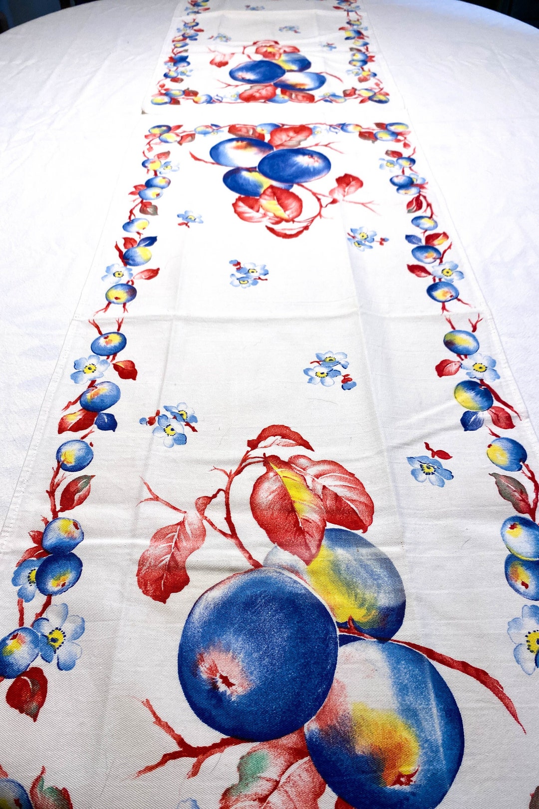 1970's MCM Kitchen Cotton Runner With Gorgeous Plums and Vine Borders ...