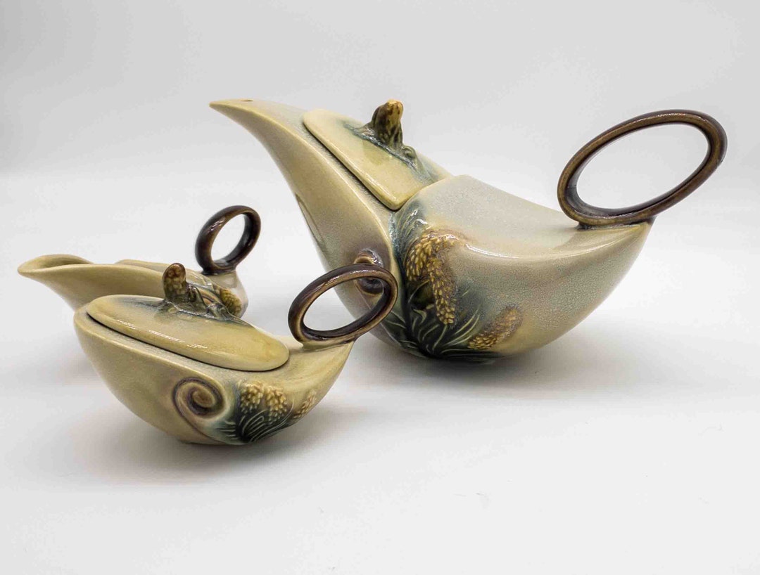 Fantastic Hand Painted MCM Hull Pottery Parchment + Pine 3 Piece ...