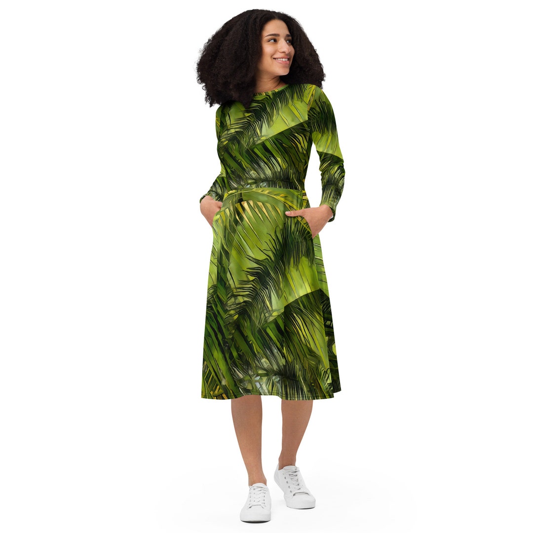 Green Palms Midi Dress With Long Sleeves and Pockets | Dress With ...