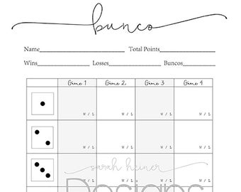 Bunco Score Sheet 6 Games Black and White 8.5 X 11 Instant Download ...