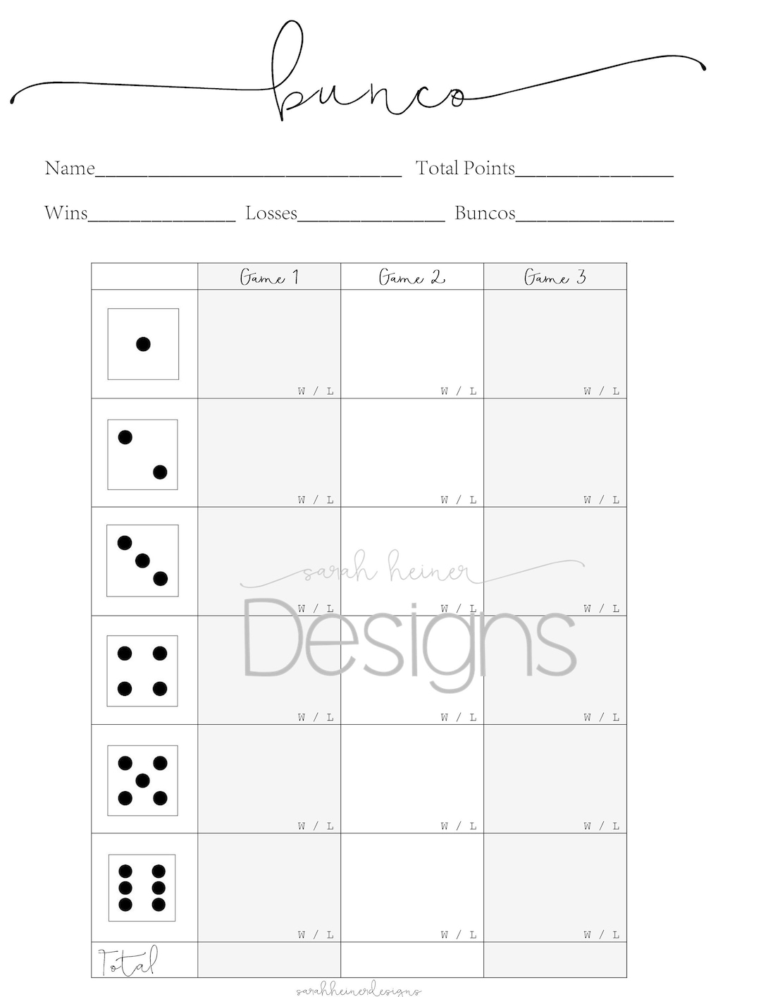 Bunco Score Sheet | 3 Games | Black and White | 8.5 X 11 | Instant ...