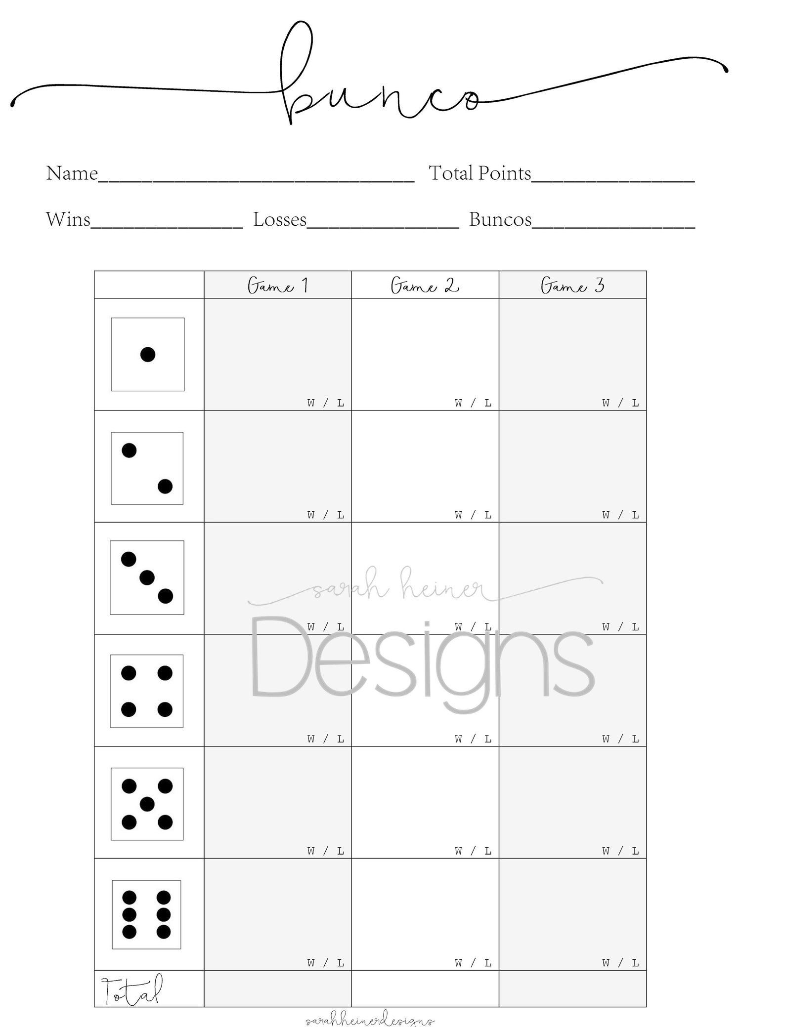 Bunco Score Sheet | 3 Games | Black and White | 8.5 X 11 | Instant ...