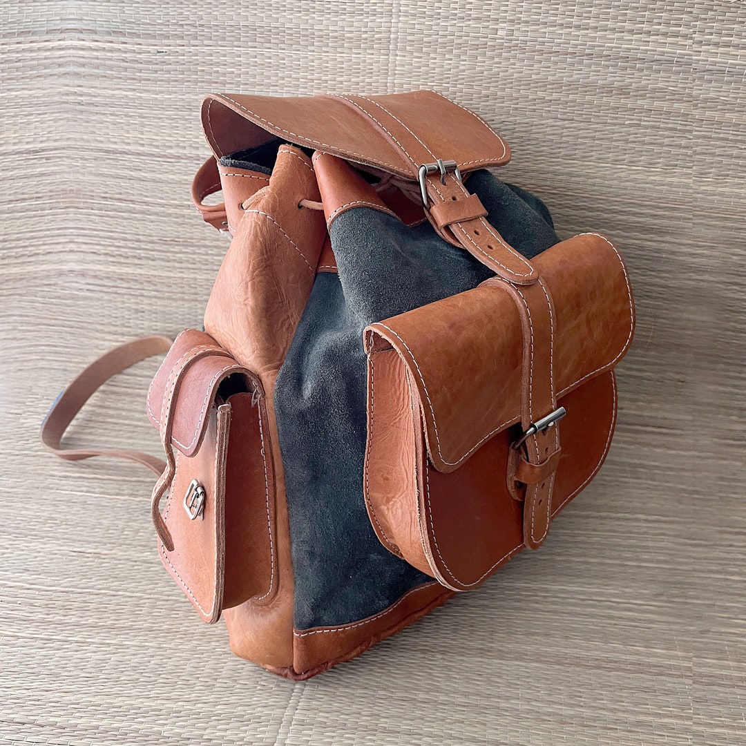 Genuine Leather Backpack Vintage Suede Leather Rucksack Brown Green ...
