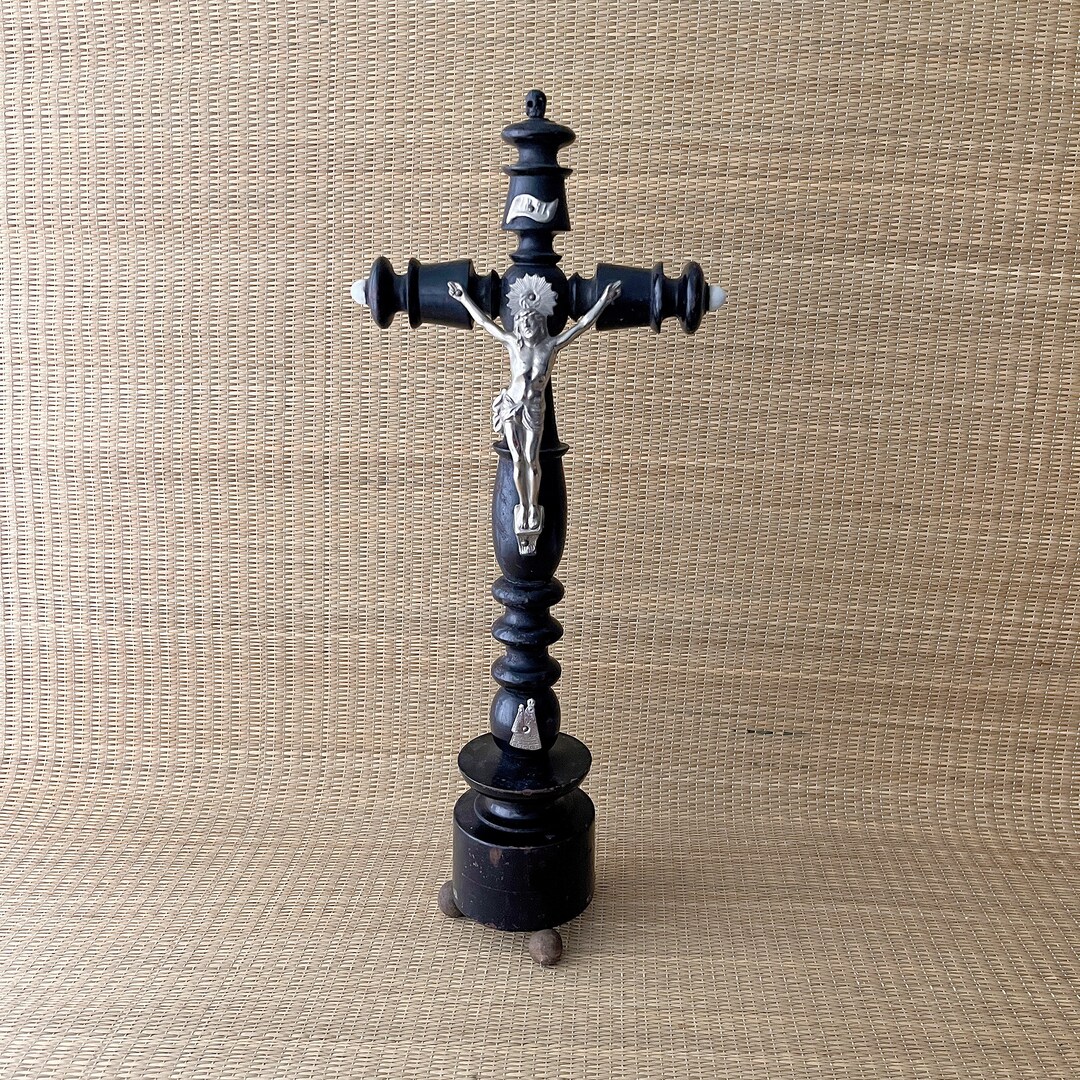 Antique Standing Cross Jesus INRI Wooden Black Crucifix With a Silver ...
