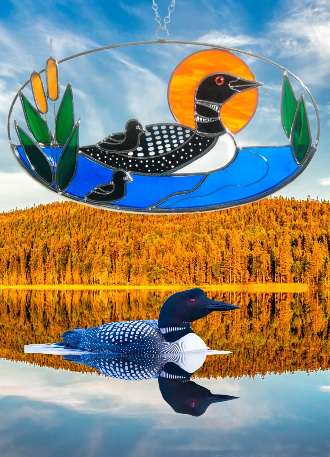 Stained Glass Loon on Oval Ring Suncatcher. Genuine Stained Glass ...
