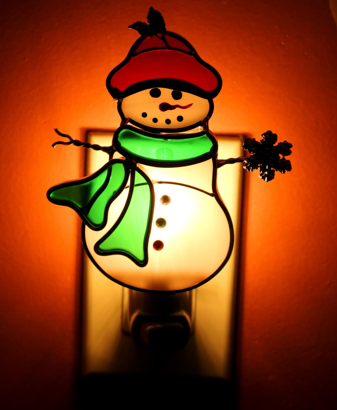 Snowman Night Light With Green Scarf and Red Had is Made With Genuine ...