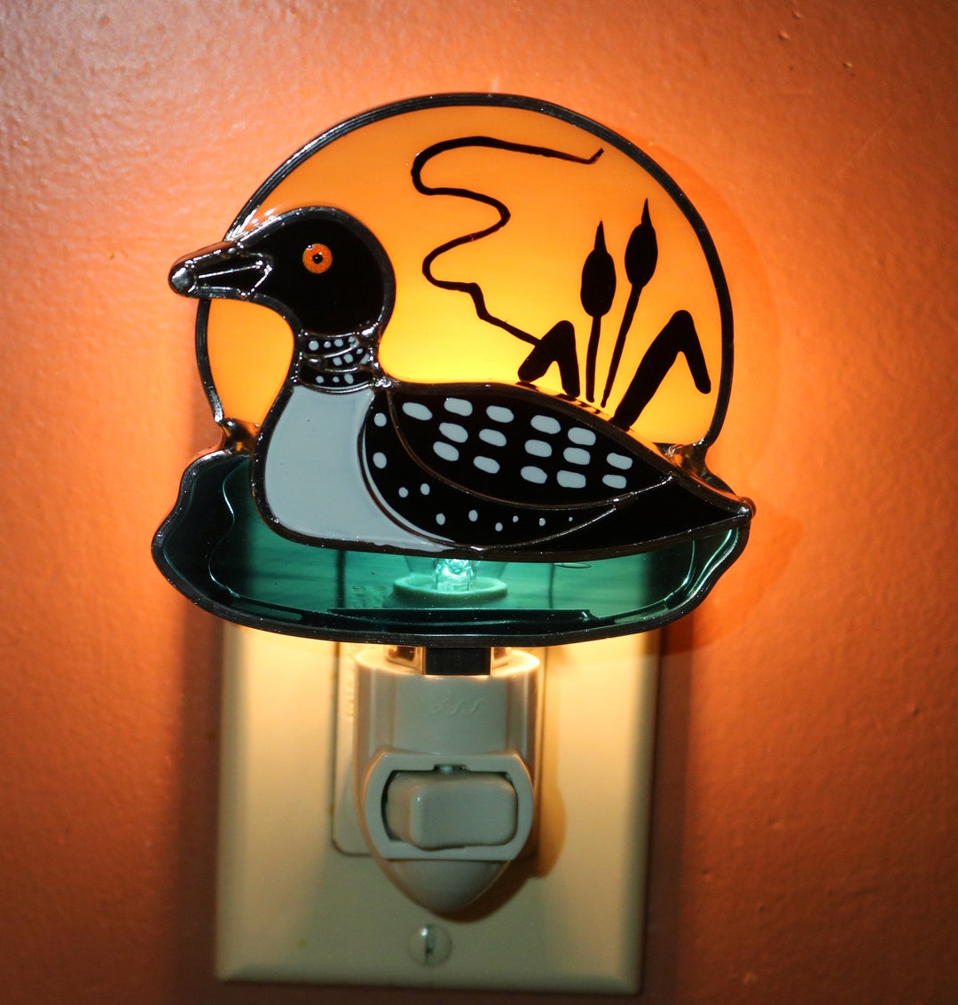 Loon Bird Stained Glass Night Light on Pond With Cattail Plant. - Etsy