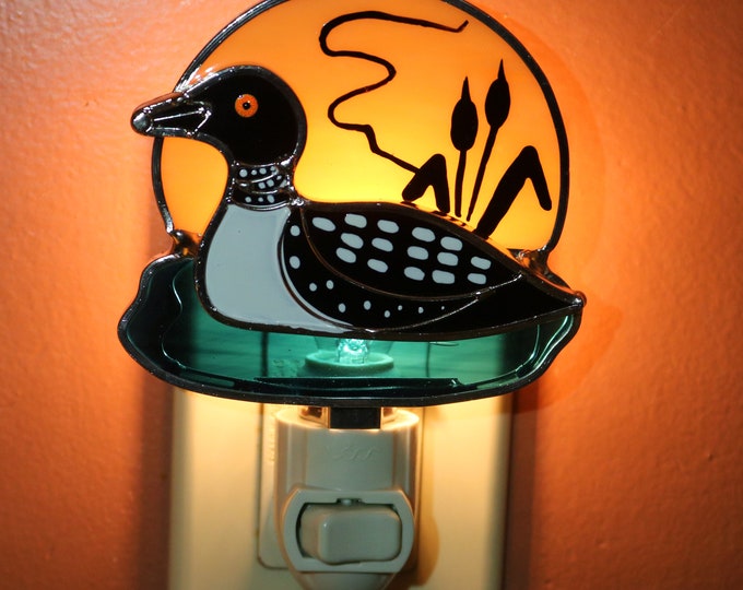 Loon Bird Stained Glass Night Light on Pond With Cattail Plant. - Etsy