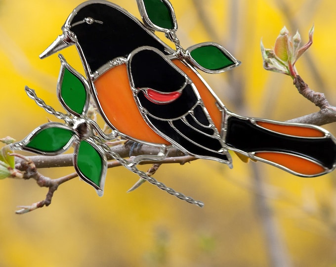 Stained Glass Baltimore Oriole Suncatcher on Branch With Leaves ...