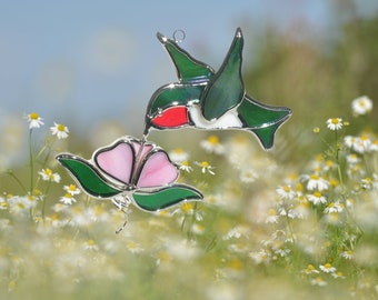 Stained Glass Hummingbird and Pink Flower Scene. Bird Lover - Etsy